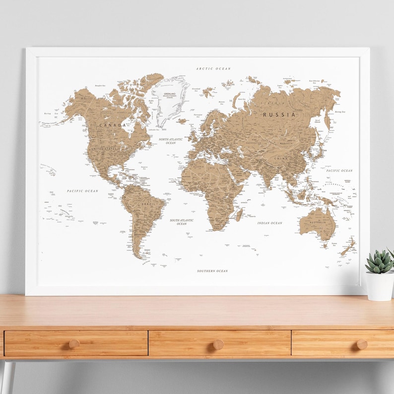 Map of the World With Countries Printable Beige Brown World Map Digital ...