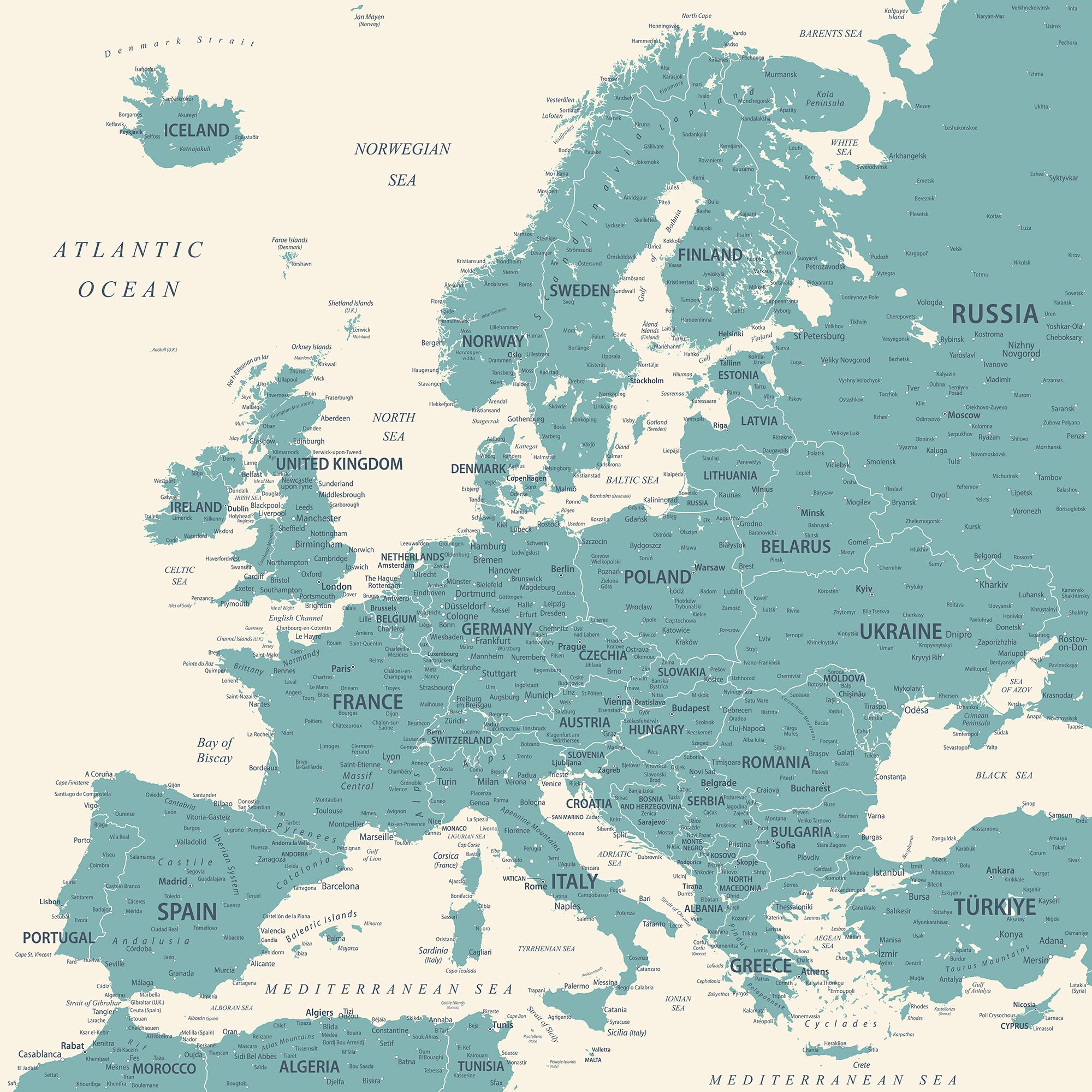 European Political Map | Printable Blue Europe Countries | Ready to ...