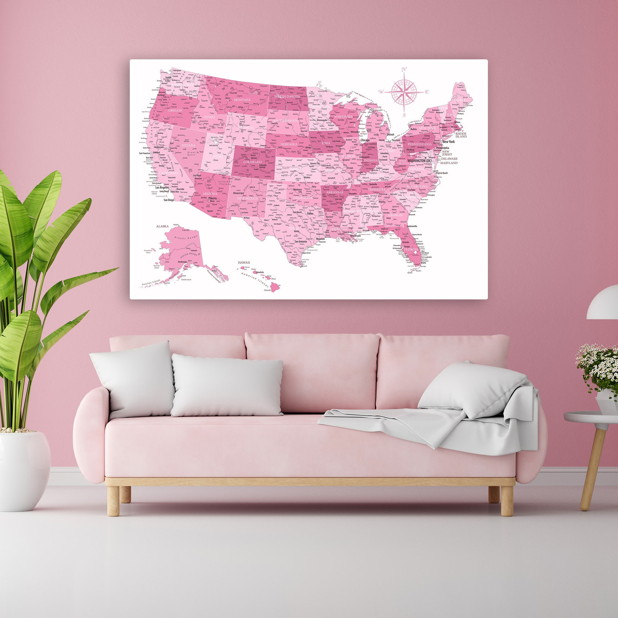 Digital Pink United States Map Pink Wall Art Girls Gifts Kids Room USA ...