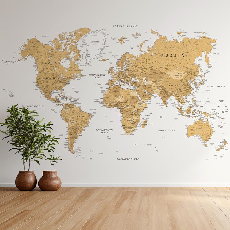 Large Beige World Map Printable - Classic Earth Tones Wall Art, Instant ...