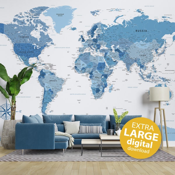 Blue World Map - Etsy