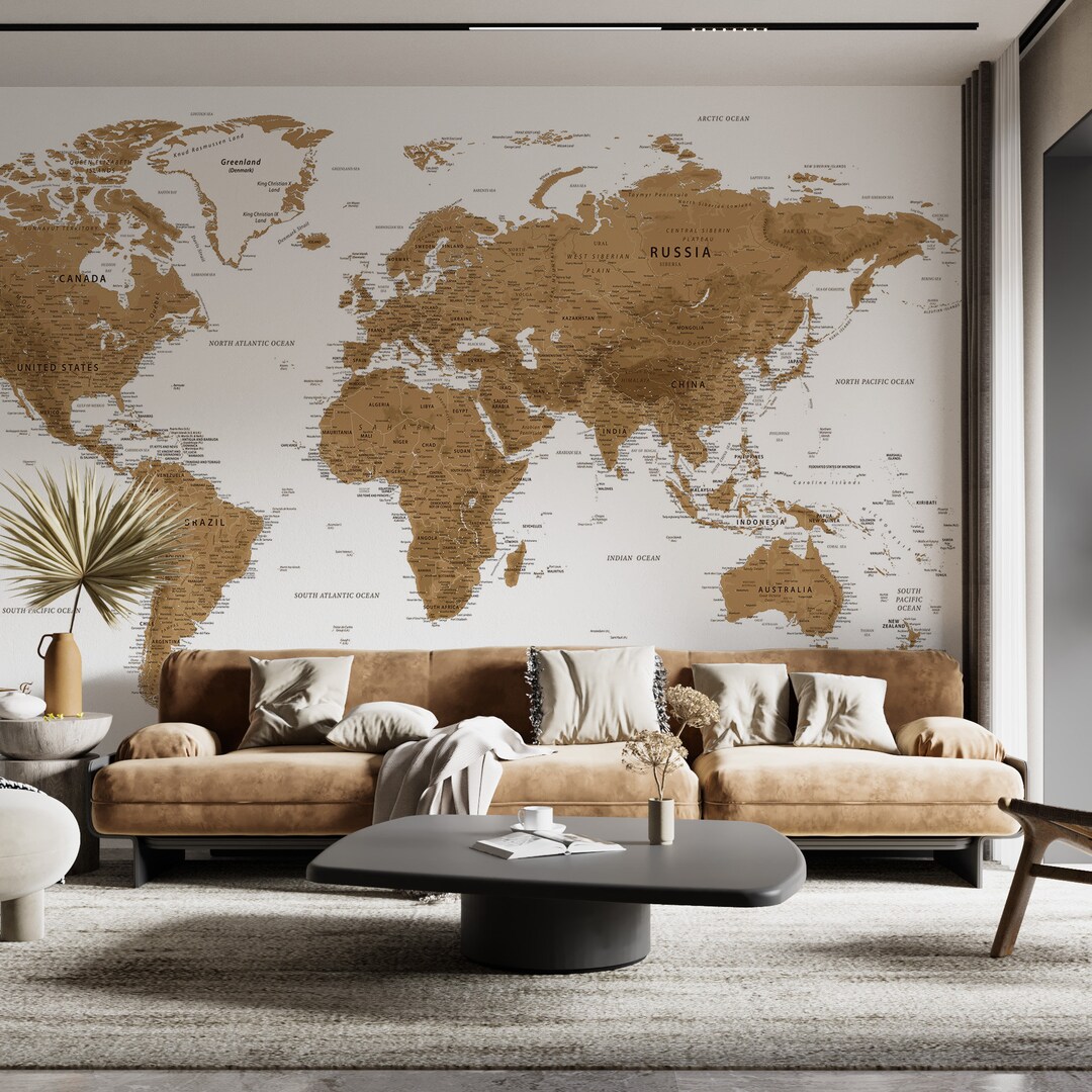 Digital World Map for Posters: Large Gold Brown Earth Tones Instant ...