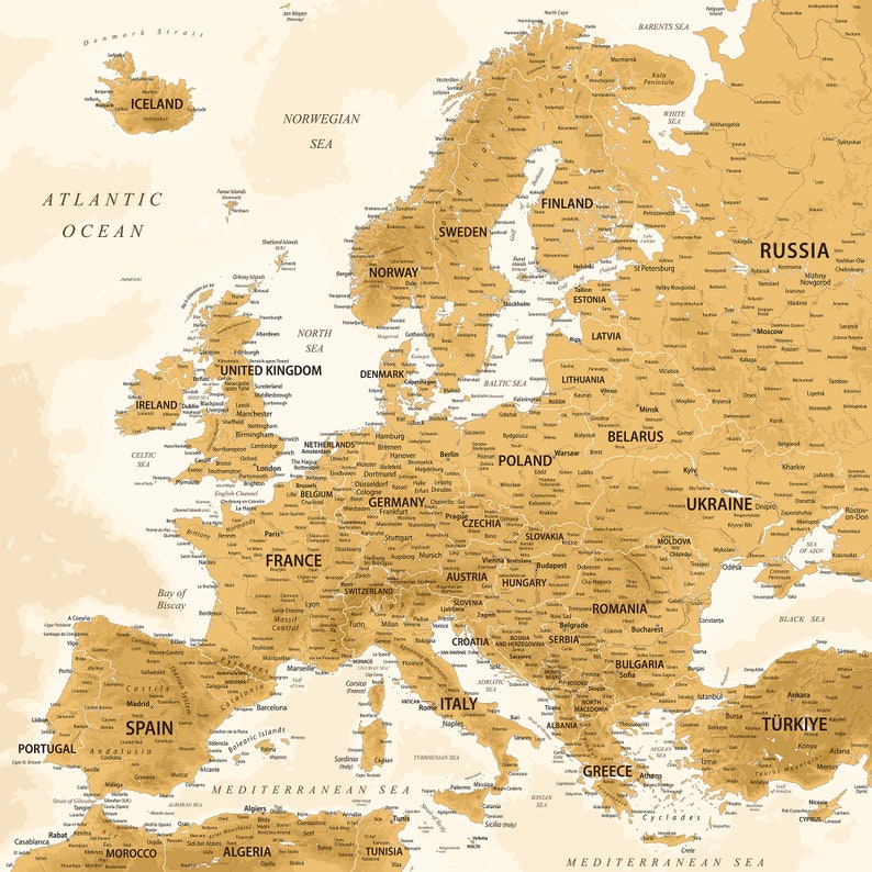 Europa mapa imprimible / Mapa detallado en amarillo dorado de Europa / Mapa estilizado de alta ...