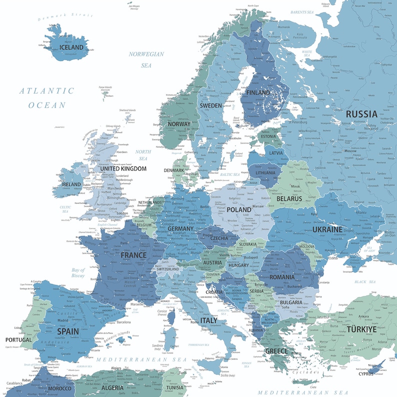 Highly Detailed Political Map of Europe Digital Download Blue & Green ...