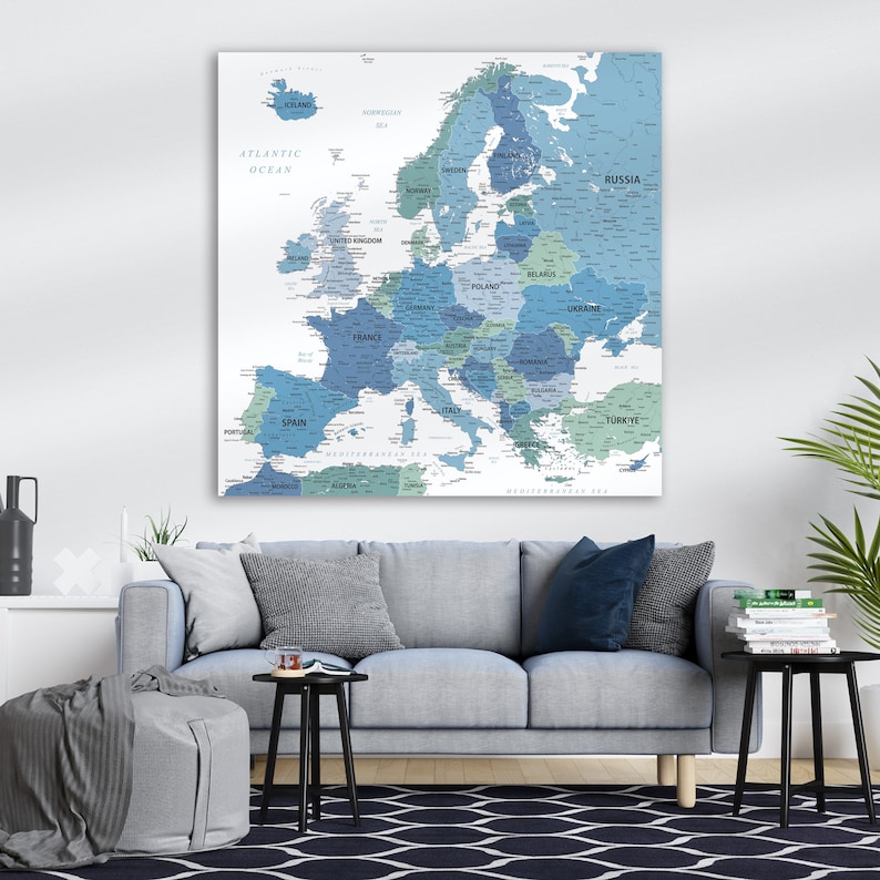Highly Detailed Political Map of Europe Digital Download - Blue Neutral ...
