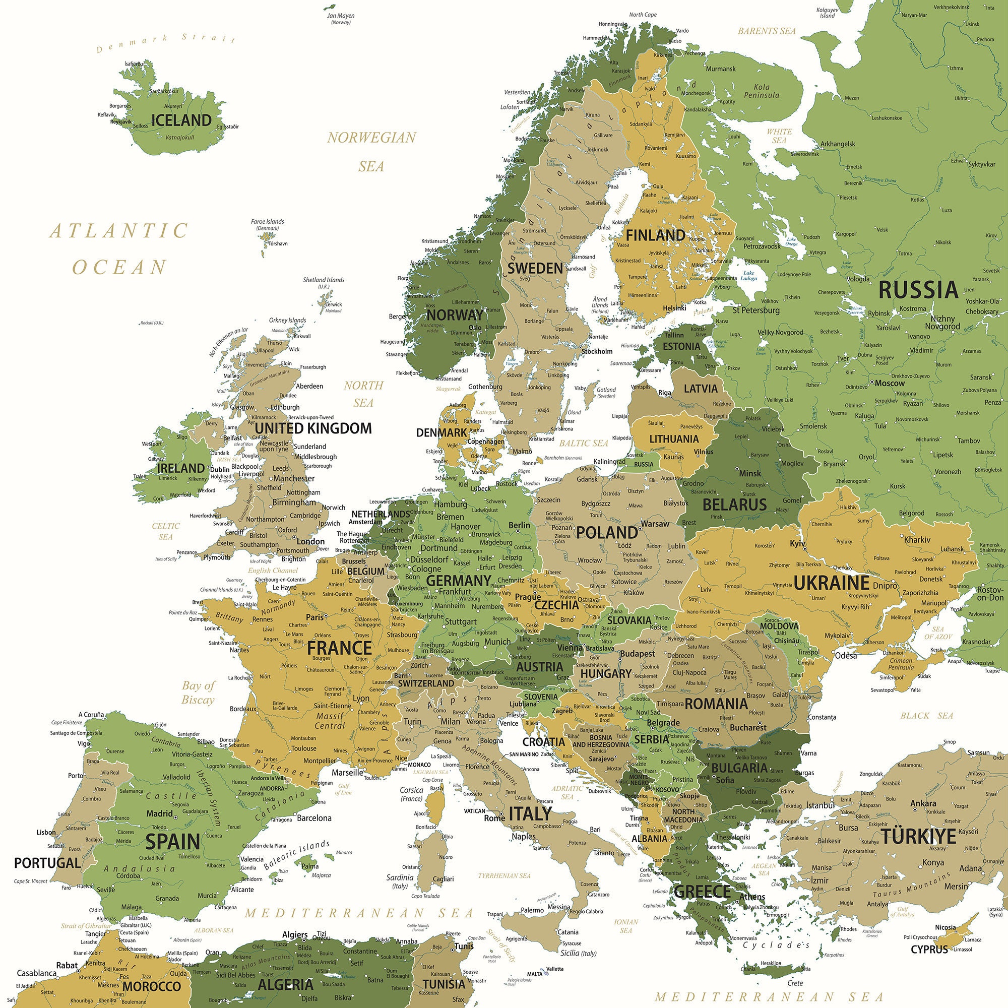 Europe Map Detailed Map of Europe Digital Download Green, Yellow ...