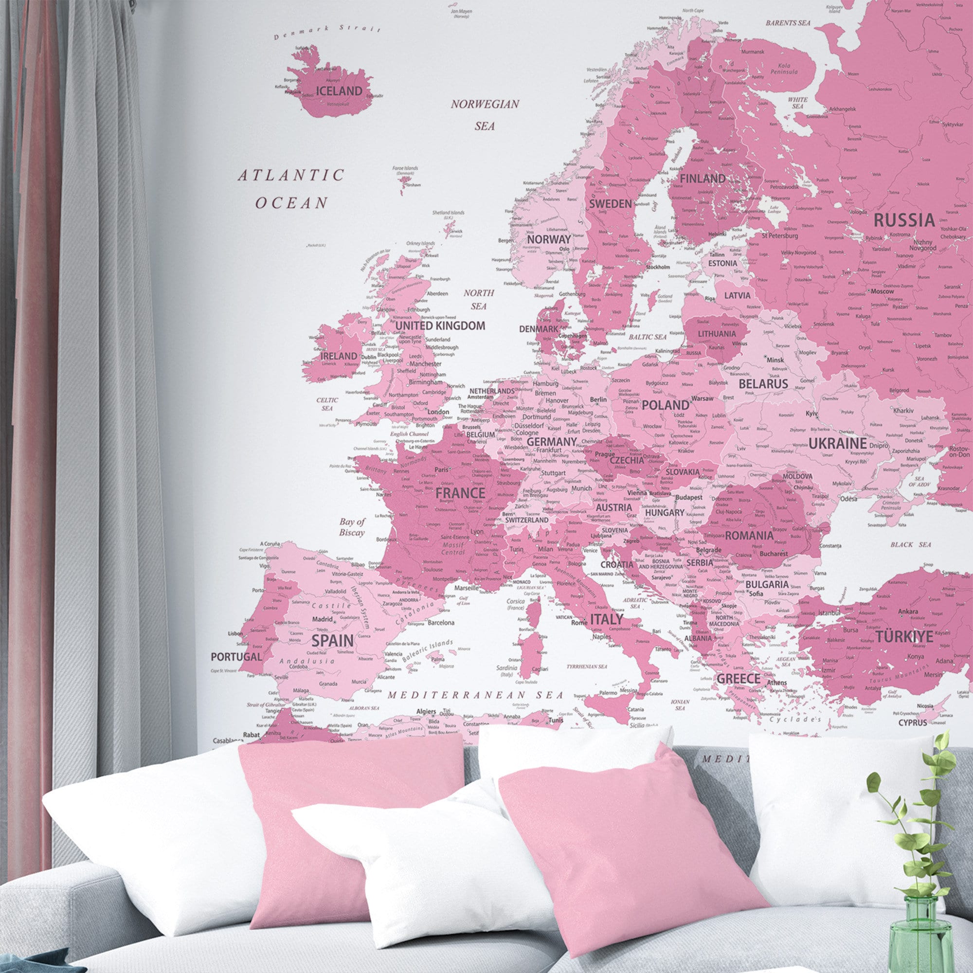 Detailed Map of Europe Digital Download. Printable Pink and White ...