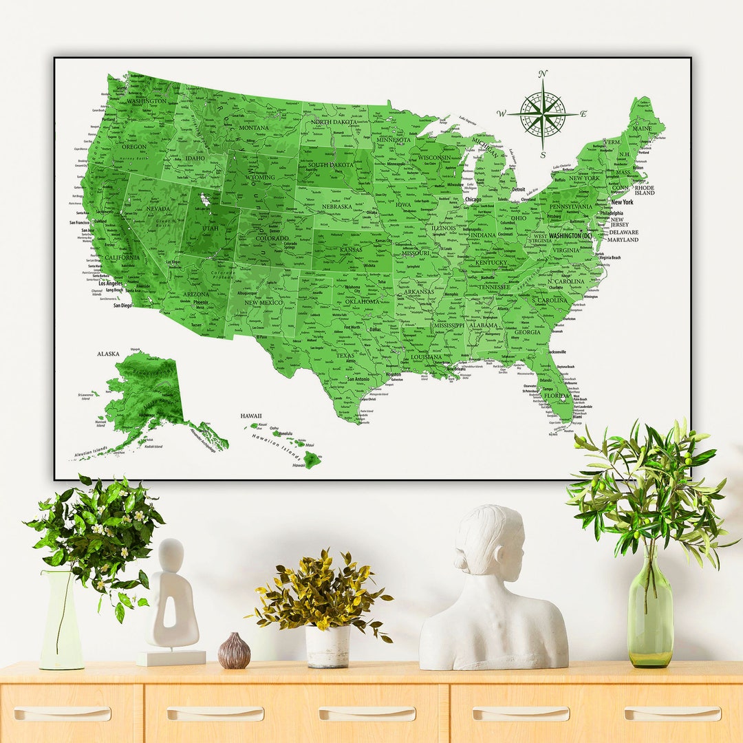 United States Map Digital Download Green Poster - Detailed Map of ...