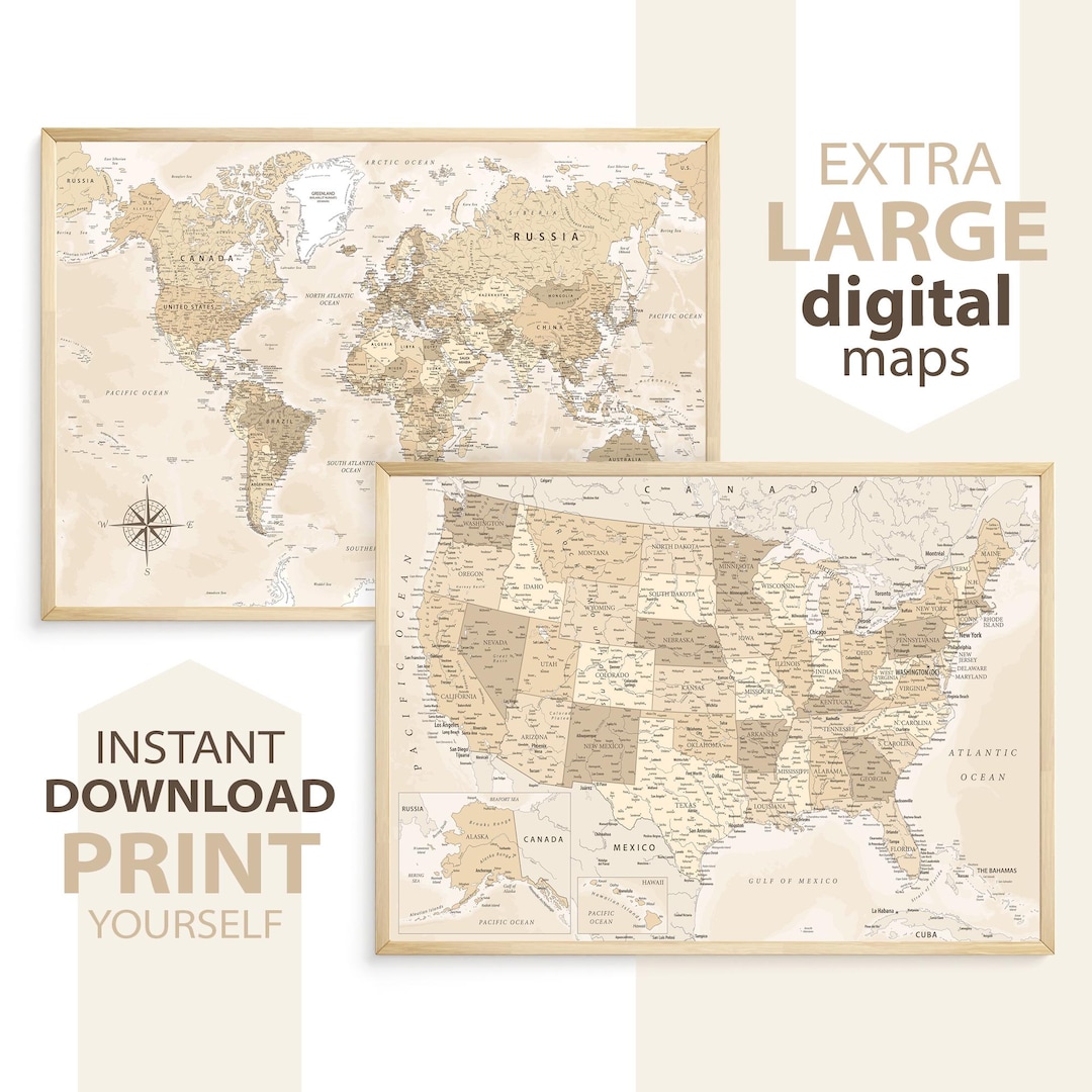 Digital USA & World Map Set - Detailed World and United States Map ...