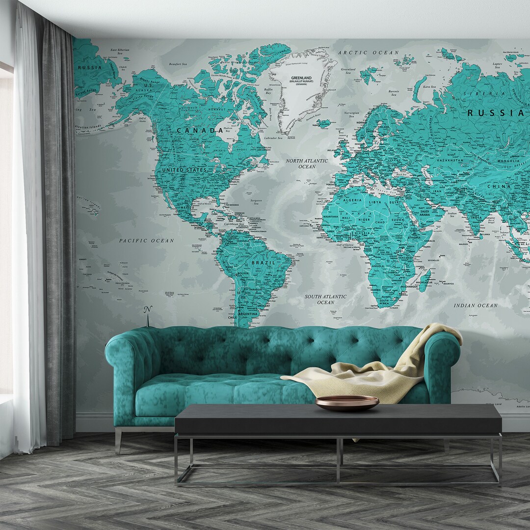 Printable Turquoise World Map Styled High Resolution Map Perfect for ...