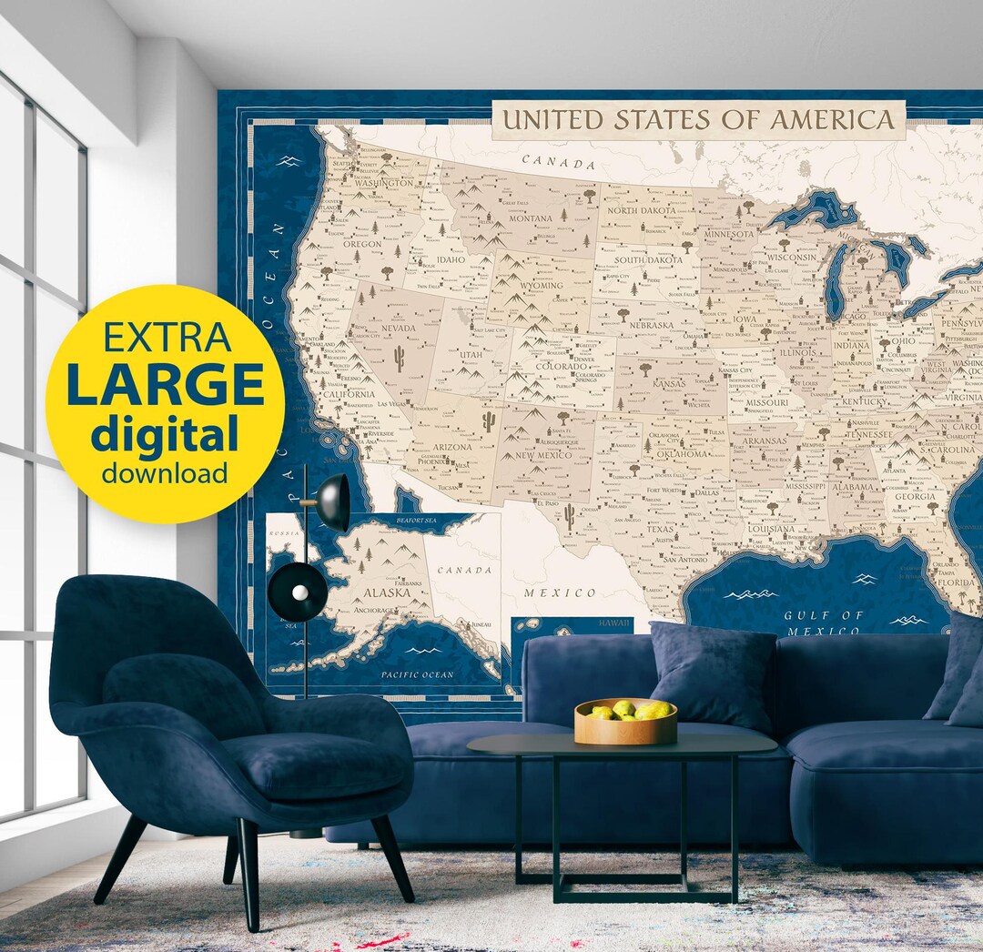 USA Map Printable Blue and Beige USA Map Print, Map of the United ...