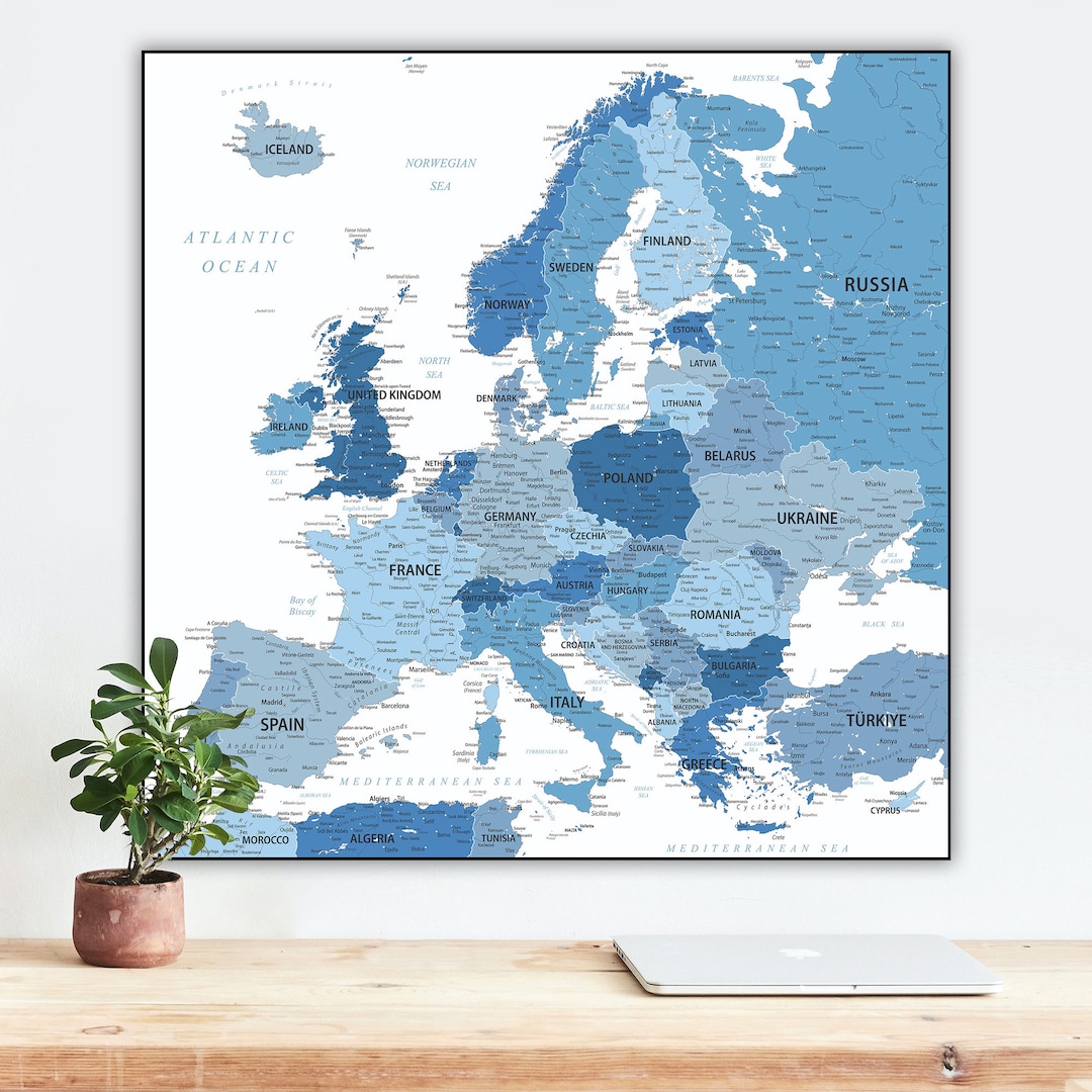 Europe Printable Blue Map Poster Detailed Map of Europe Styled High ...