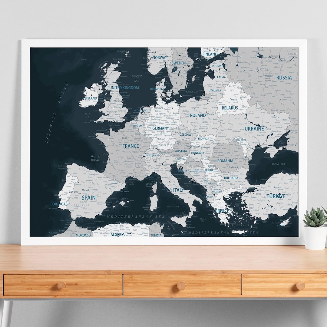Europe Map Digital Download Black Grey Poster, Detailed Map of Europe ...