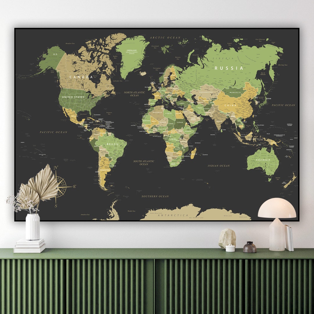 Printable Dark World Map With Countries | World Map Wall Art Poster ...