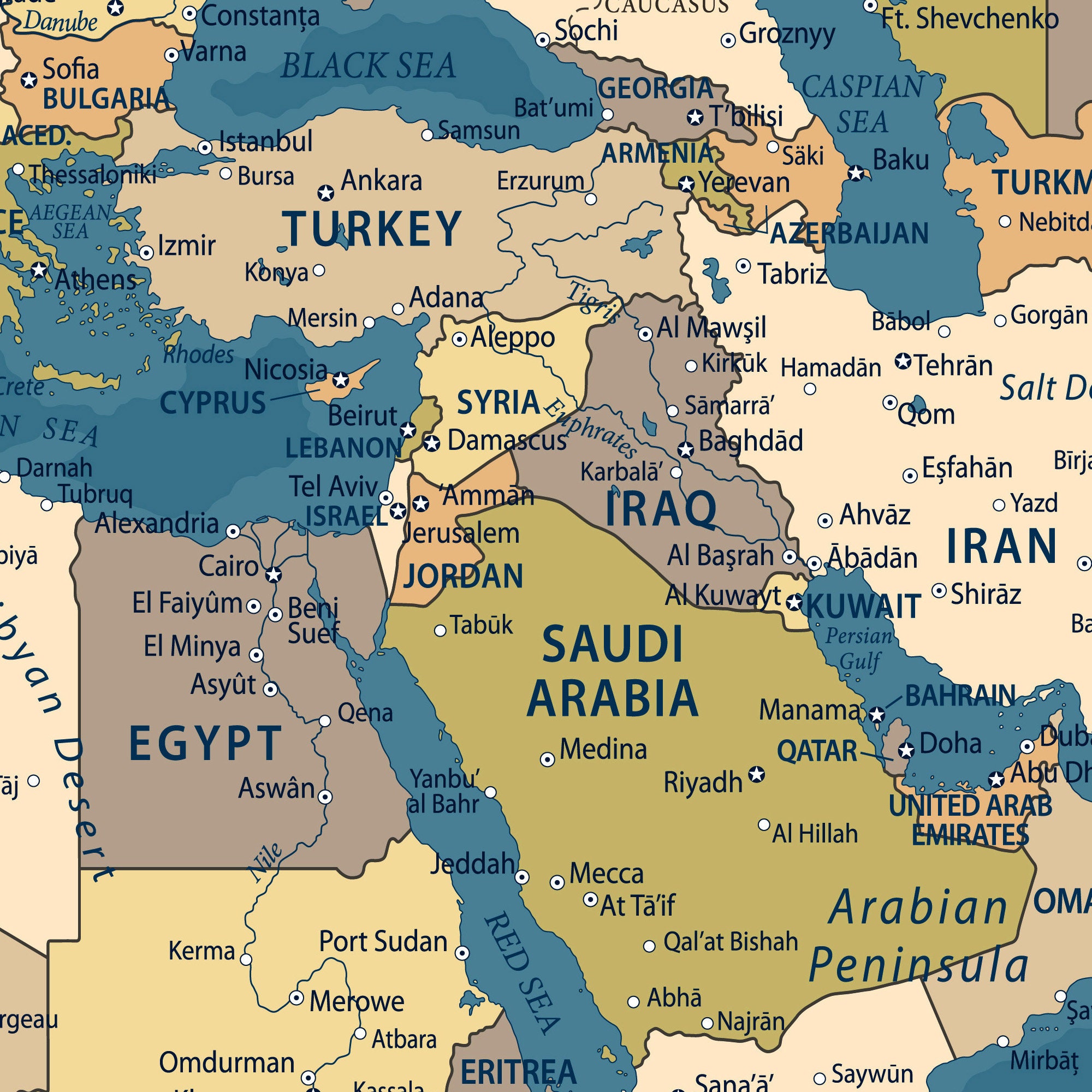 Detailed World Map With Countries - Neutral Tones Digital Download ...