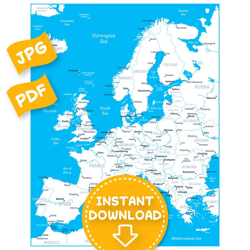 Digital Europe Map - Blue White Map of European Countries Printable ...