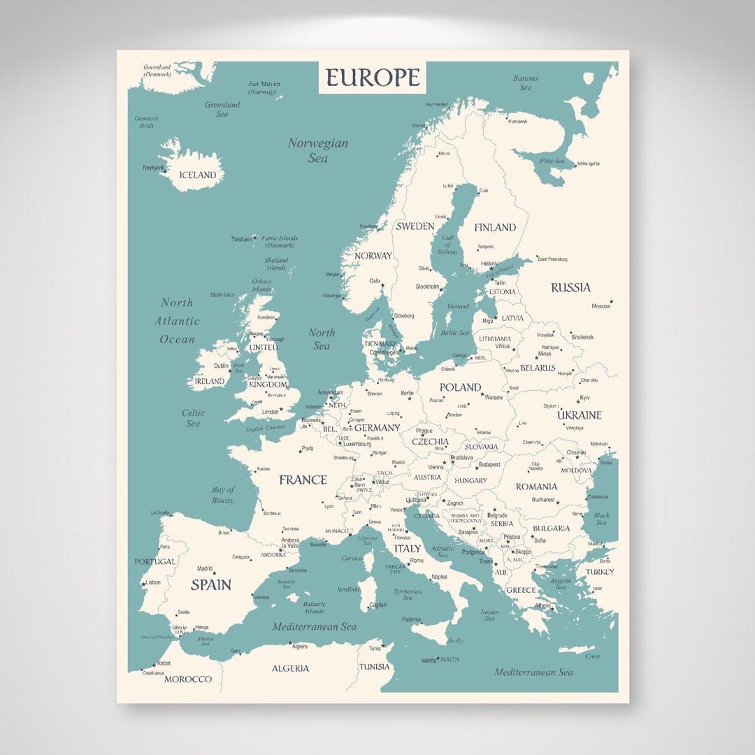 Vintage Europe Map Printable Poster – Political Map of Europe Wall Art ...