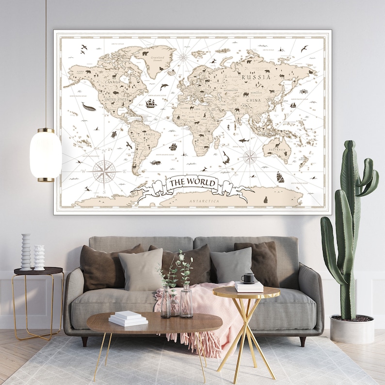 Kids World Map Printable Poster – Beige Nursery Wall Art With Animals ...