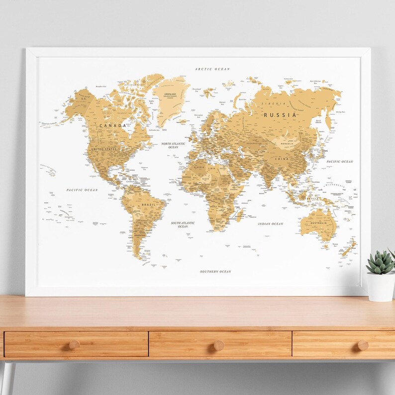 Printable Beige World Map - Classic Earth Tones Wall Art, Instant ...