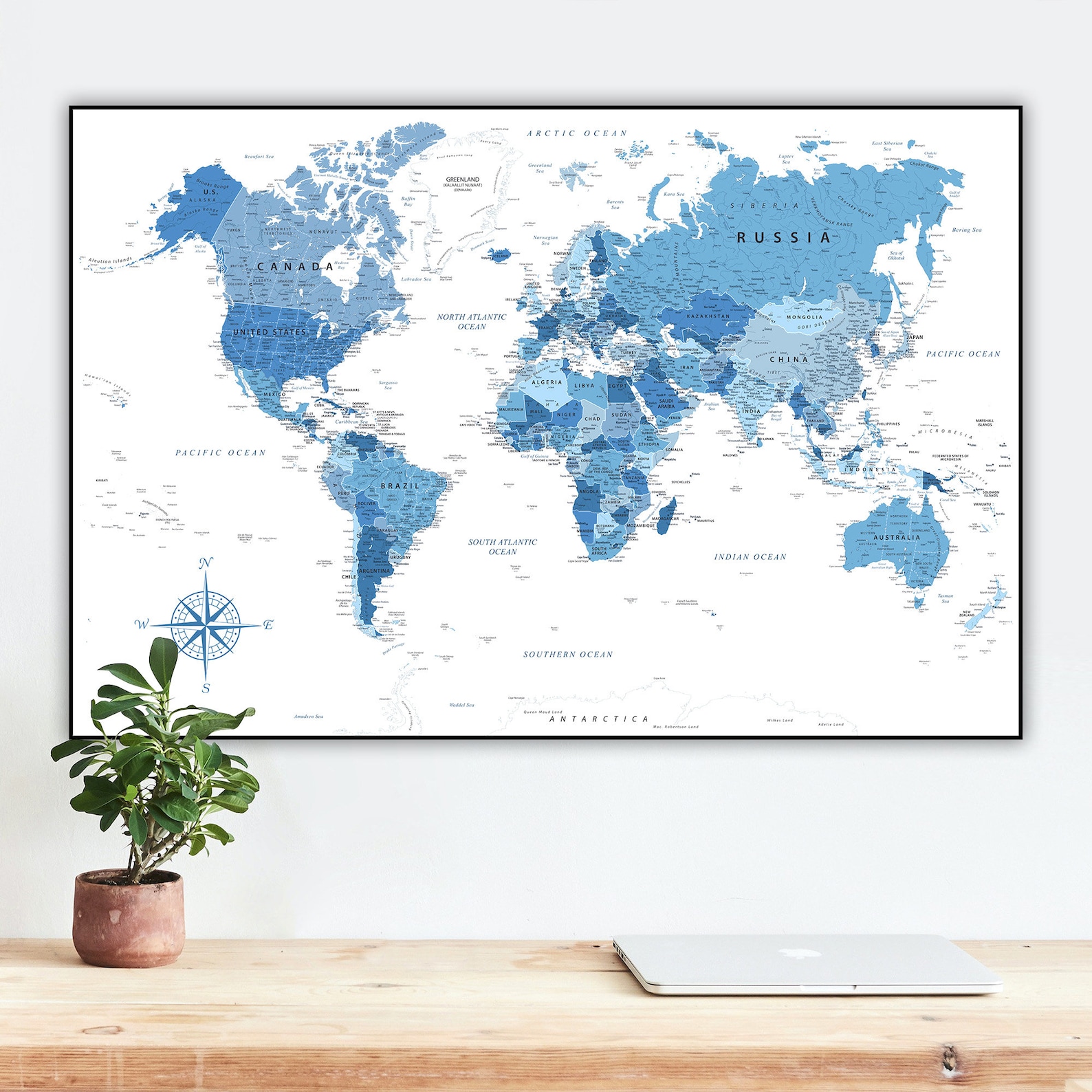 Digital Blue World Map With Countries - Printable Large World Map Poster | Detailed Map of the ...