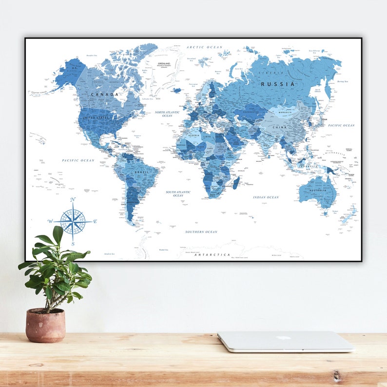 Digital Blue World Map With Countries - Printable Large World Map ...