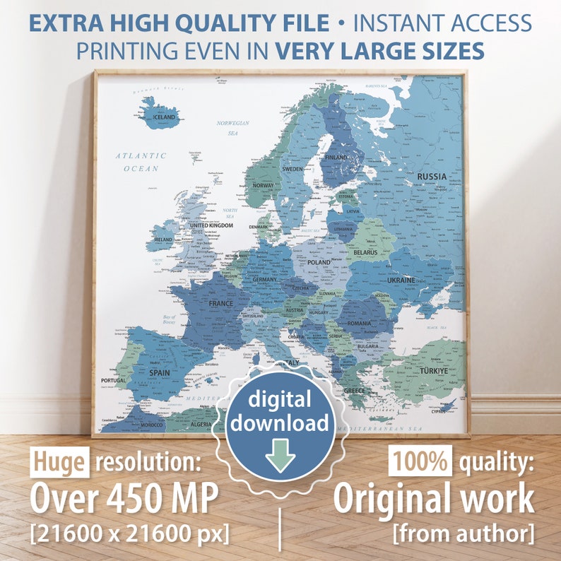 Buy Highly Detailed Political Map of Europe Digital Download - Blue ...