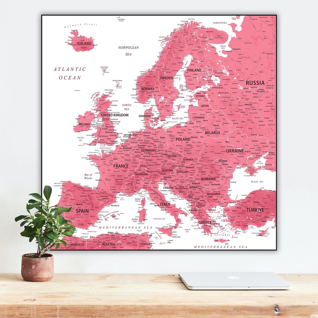 Europe Printable Pink Map Detailed Map of Europe Large Europe Wall Art ...