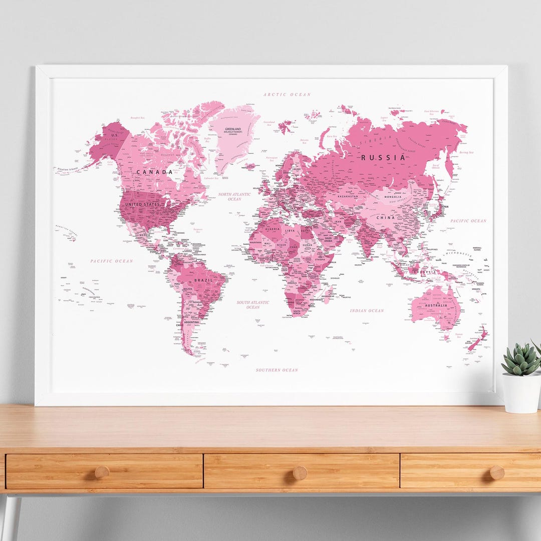 Pink World Map Poster - Detailed Wall Art Map for Girls Room, Travel ...