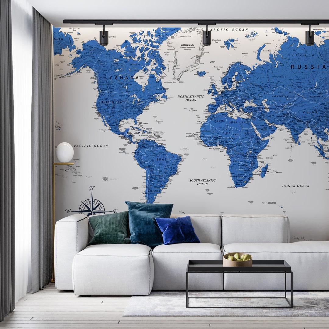 Blue World Map, Printable Detailed Political Map Poster Download | High ...