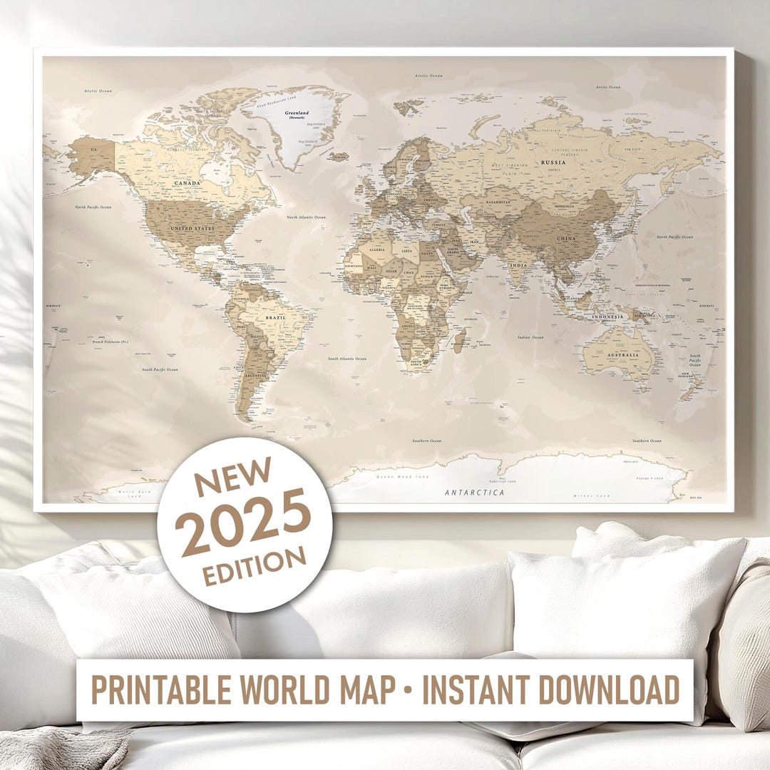Highly Detailed Political World Map Printable - Large World Map Poster - Neutral Beige Wall Art ...