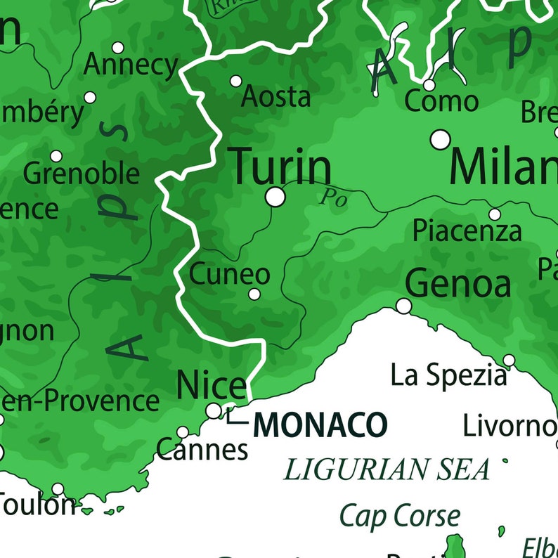 Detailed Europe Map Green Topographic Print | Europe Printable Map ...