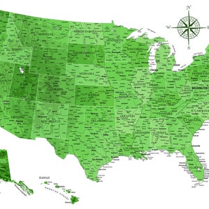 United States Map Digital Download Green Poster - Detailed Map of ...
