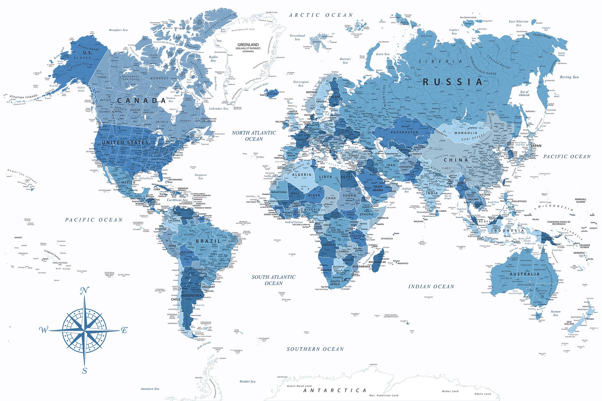 Digital Blue World Map With Countries - Printable Large World Map ...