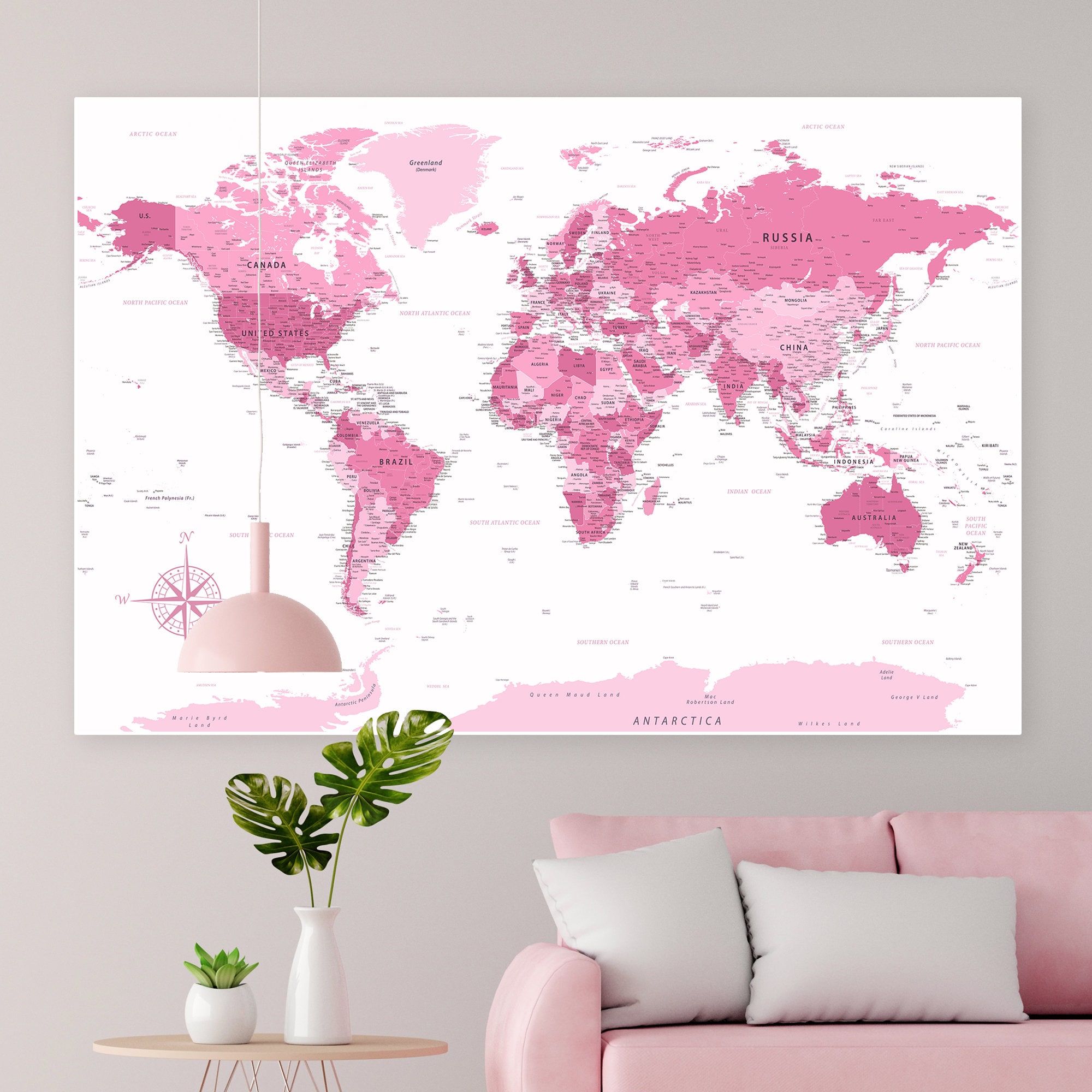 Pink World Map Digital Download Pink Wall Art Girls Gifts Kids Room Map ...