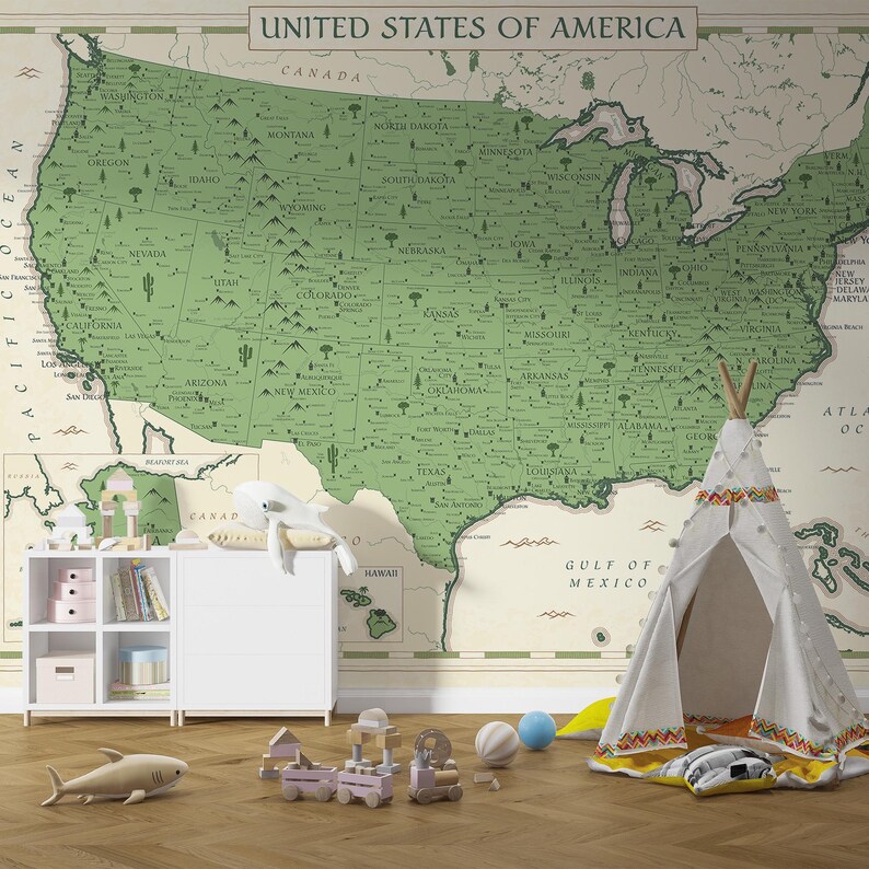USA Map Digital Download Pastel Green Kids Print, USA Map Poster for ...