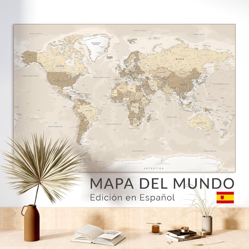 Spanish World Map Neutral Colors - Digital Download Printable Map ...