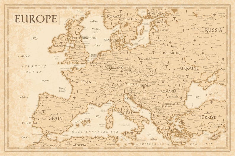 Vintage Europe Map Print – Neutral Beige Travel Poster (digital ...