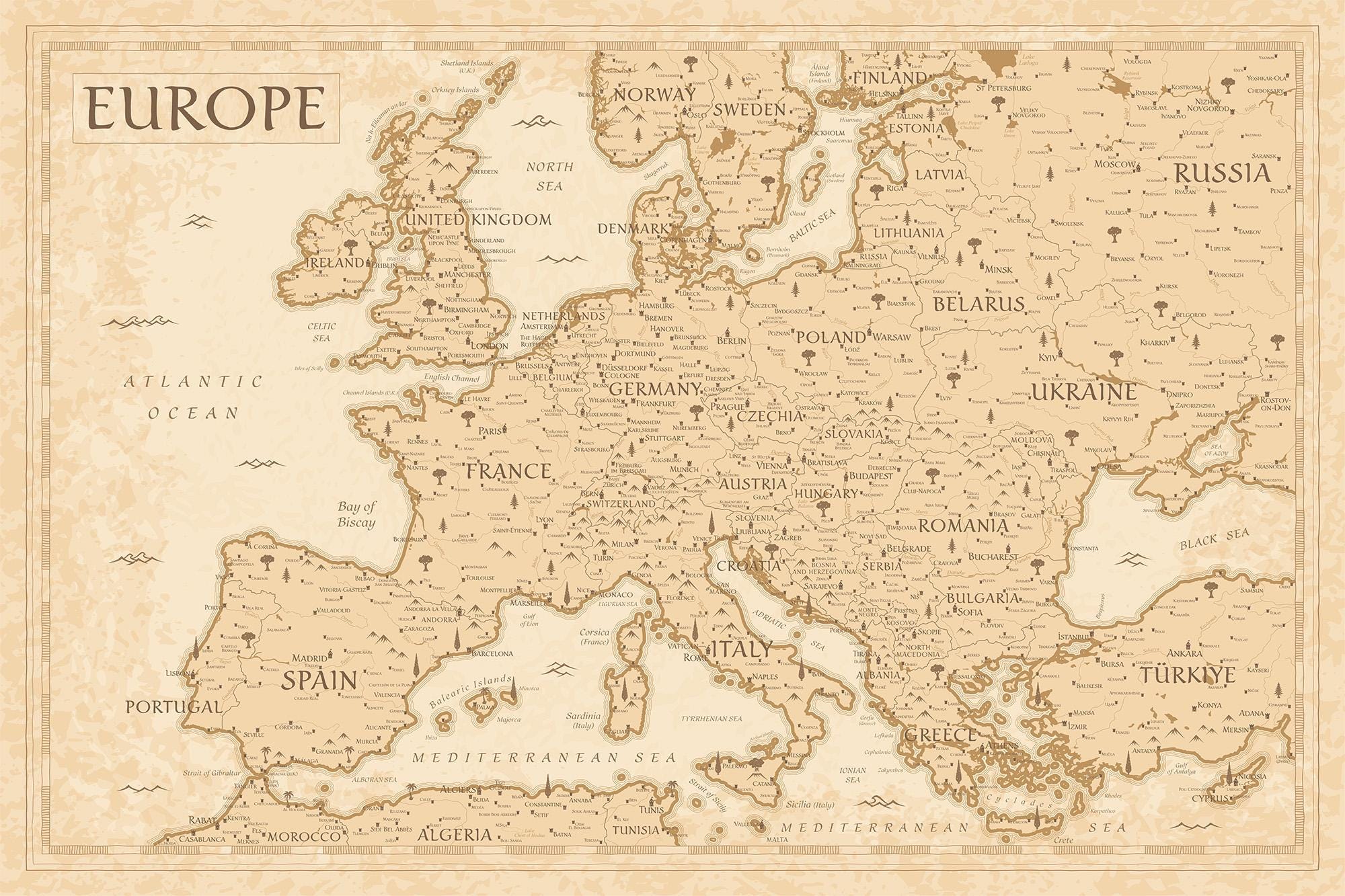 Vintage Europe Map Print – Neutral Beige Travel Poster (digital ...