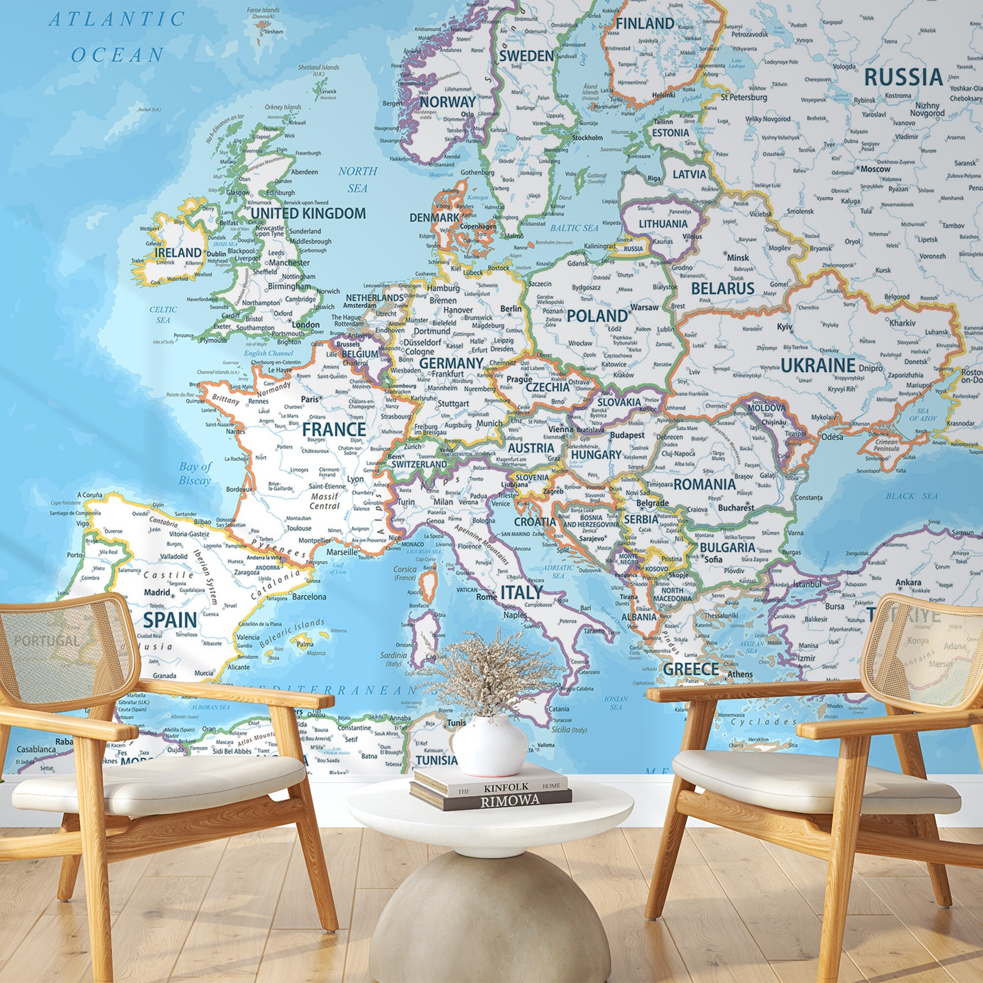 Digital Detailed Map of Europe White Blue European Map for Wall Art ...