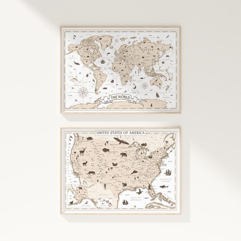 World Map With US Set – Retro Beige Posters, Kids and Classroom Wall Art Decor (digital Download ...