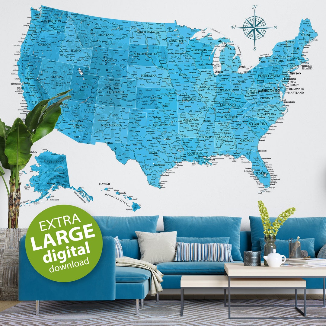 Blue USA Map Detailed United States Map Digital Poster Educational ...