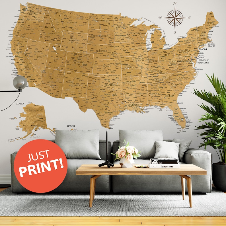 Printable Beige US States Map Poster Large Print Map of the United ...