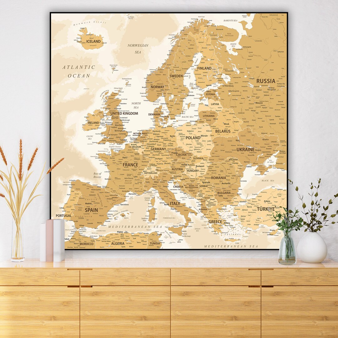 Europe Printable Gold Beige Map Detailed Map of Europe Large Europe ...