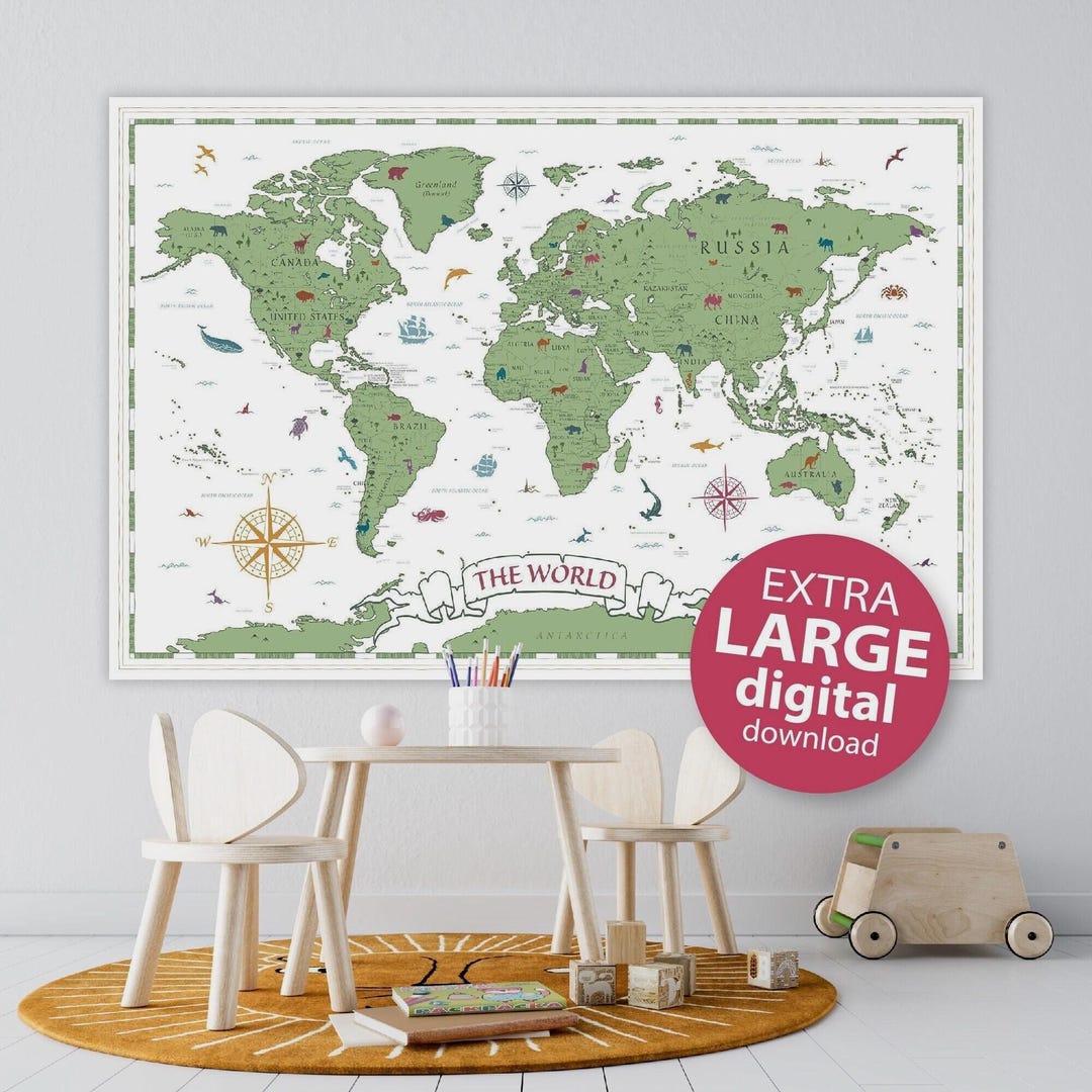 Printable Animal World Map Print - Kids World Map Poster, Nursery Map ...