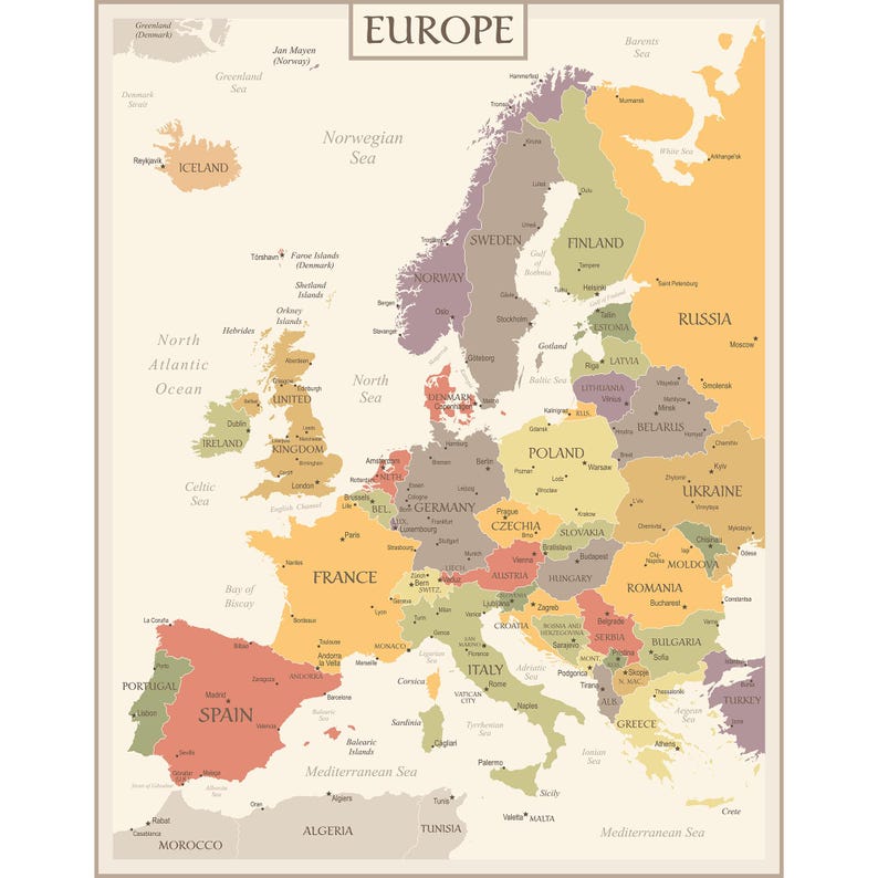 Europe Map Digital Download - Printable European Map Poster - Countries ...