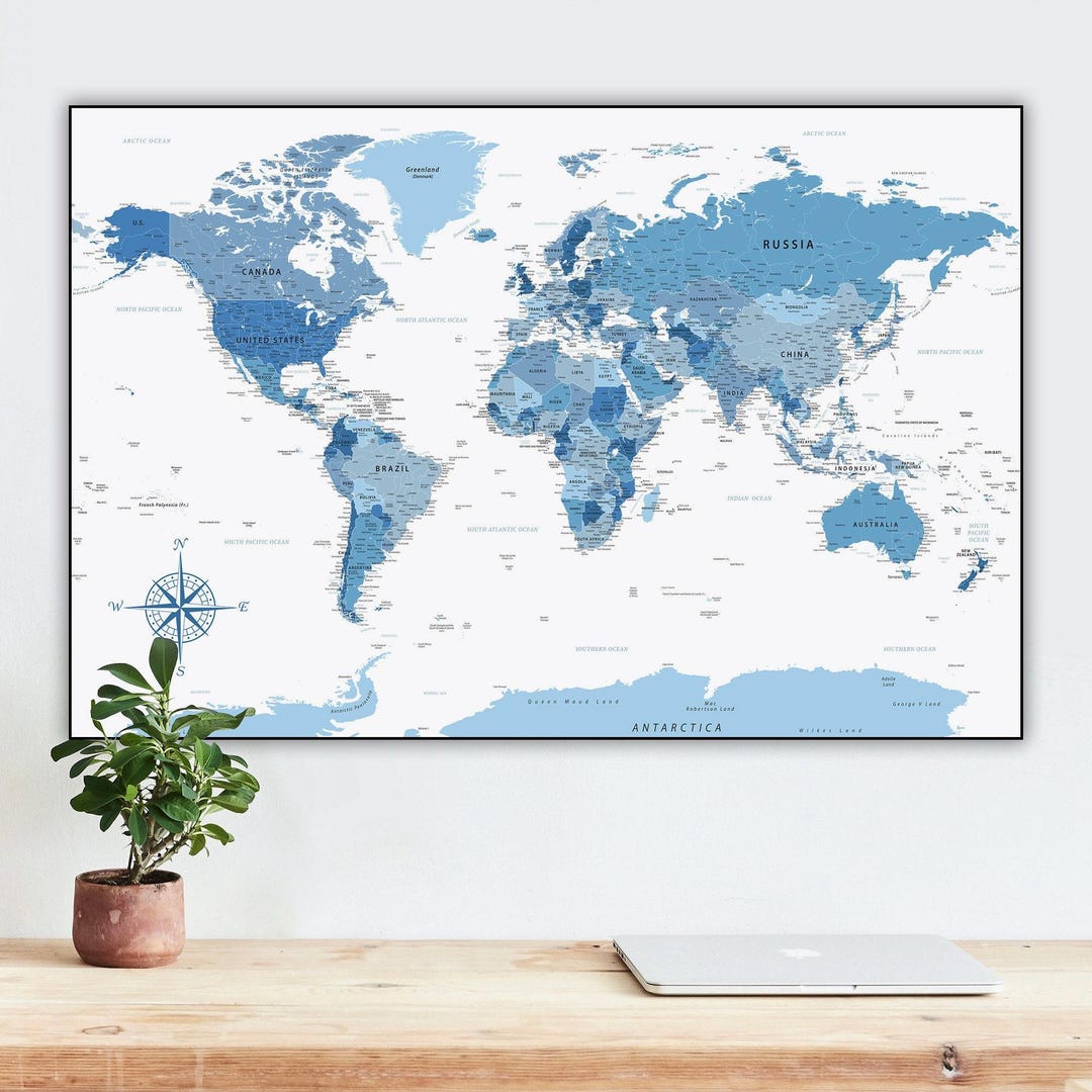 Printable Blue World Map Poster | High-res Map Print | Digital Map of ...
