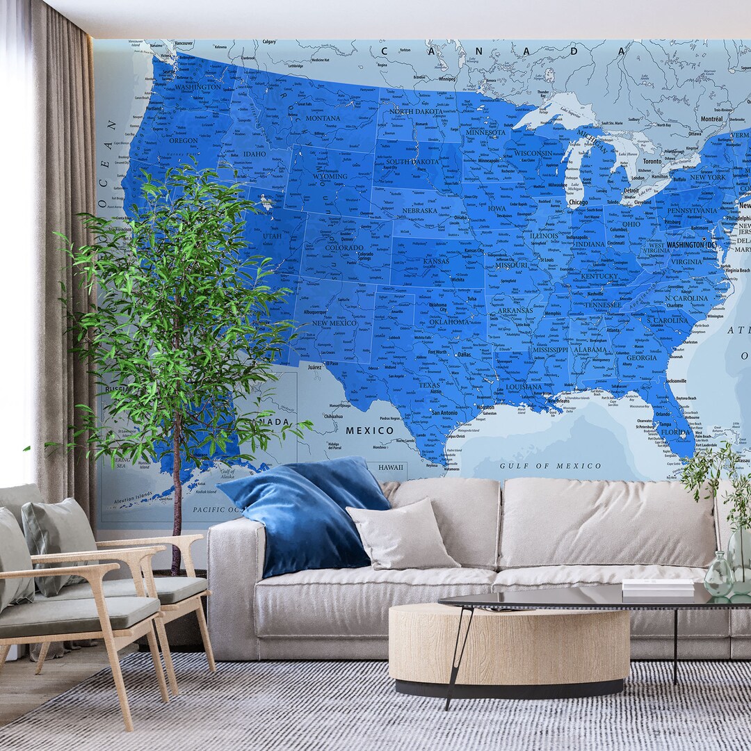 Buy Blue USA Map Detailed United States Map Digital Poster Educational ...