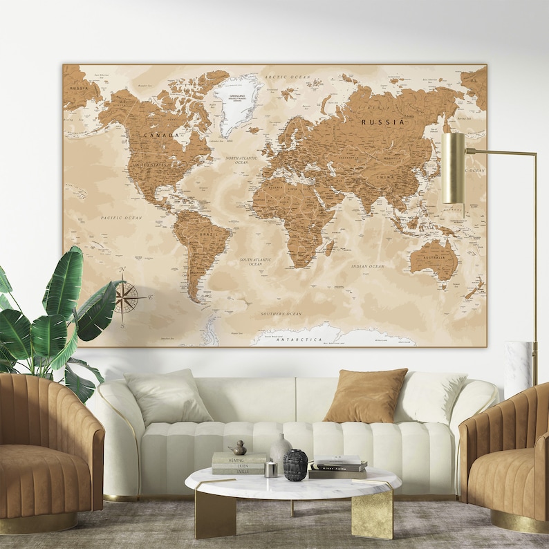 Detailed Printable World Map Poster - Large Neutral Colors Wall Art ...