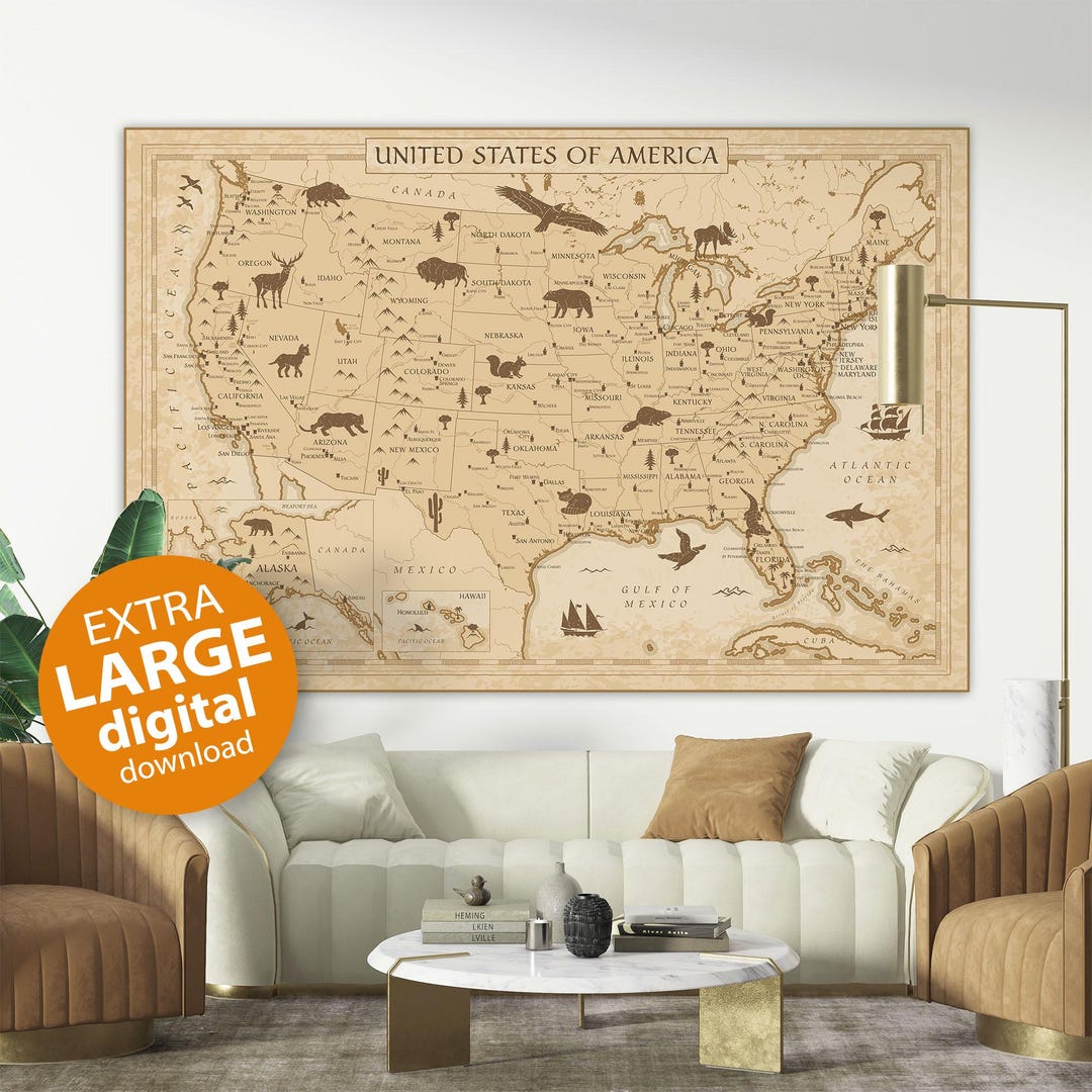 Kids Map of America Printable - Neutral Beige USA Travel Map, Large USA ...