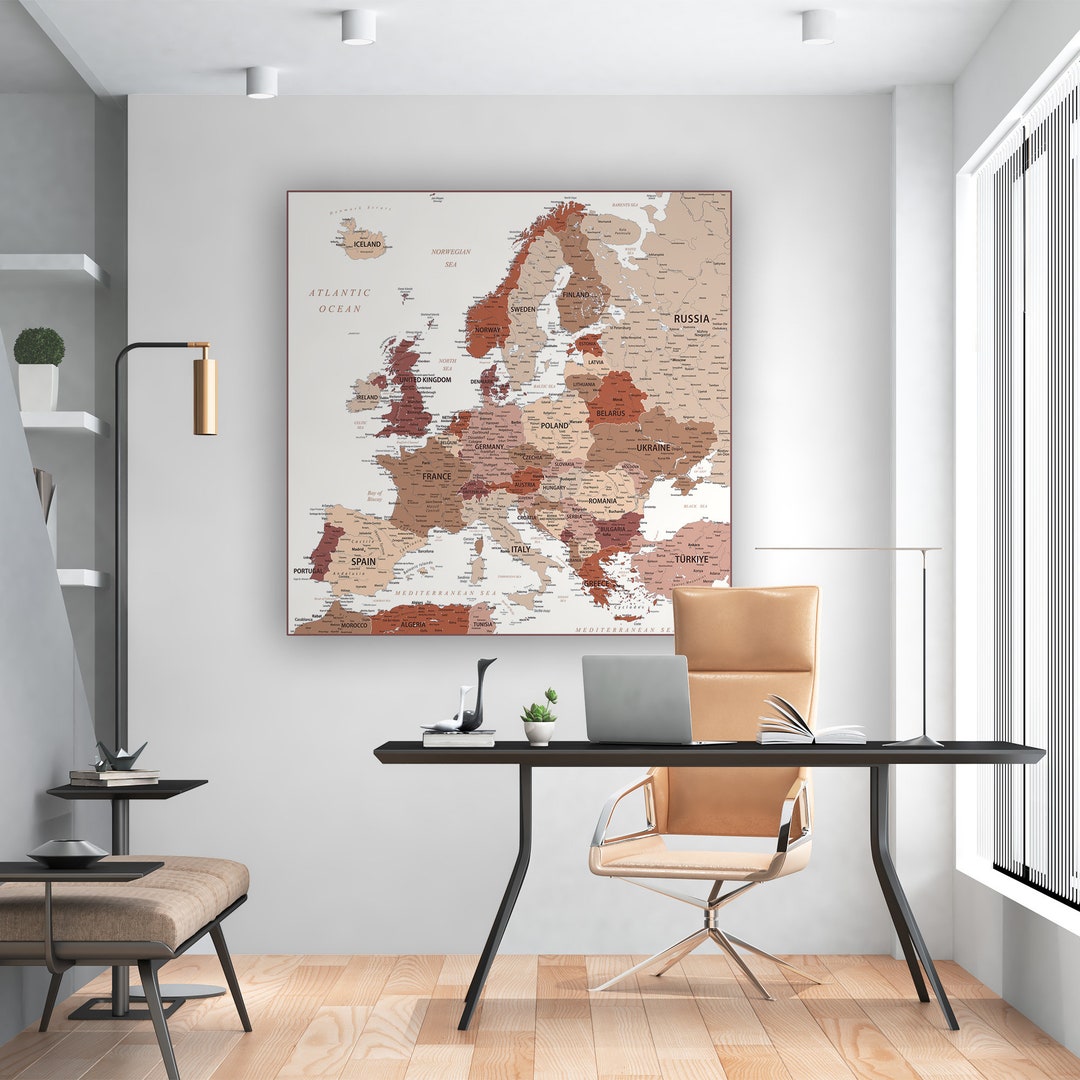 Europe Map Digital Download Poster - High Res Printable Map Brown ...